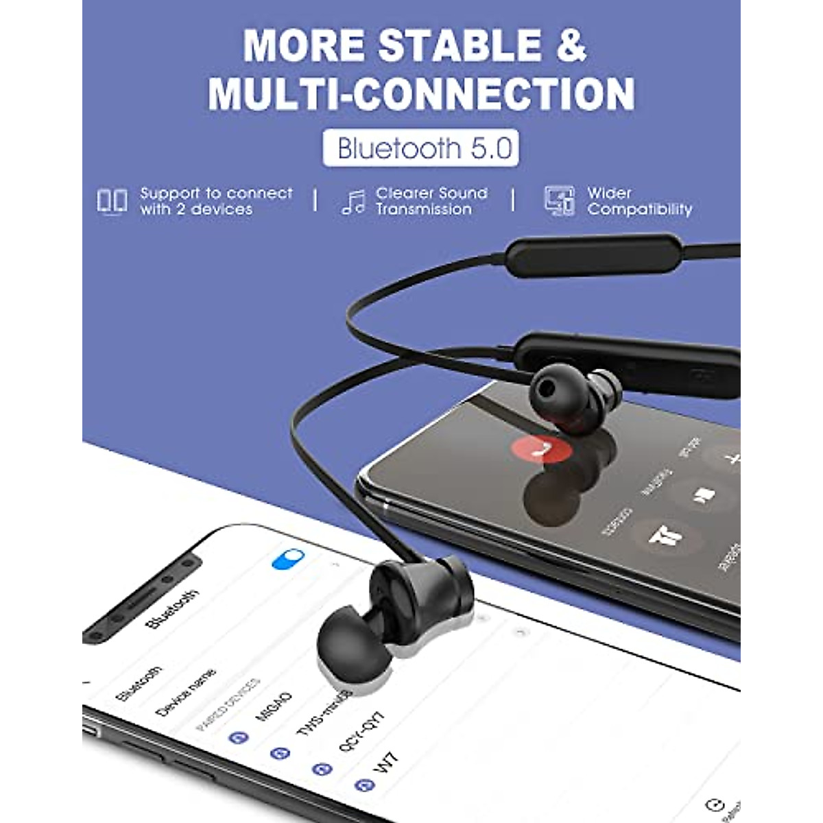 Mubiao Bluetooth Headphones Neckband 20Hrs Playtime V5.0 Wireless Headset Sport Noise Cancelling Earbuds w/Mic for Gym Running Compatible with iPhone Samsung Android