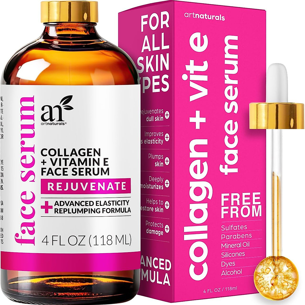 artnaturals Collagen Booster Serum for Face - Anti-Aging Reduces Wrinkles and Boosts Collagen - Heals and Repairs Skin - Improves Tone and Texture - Hyaluronic Acid & Vitamin E - 4 oz.