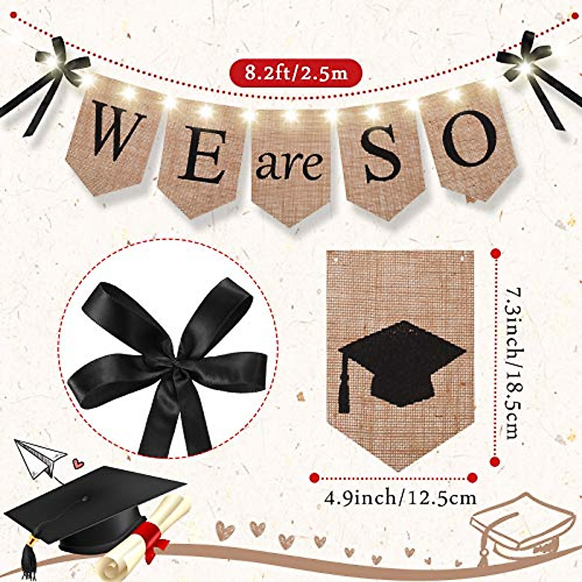 2023 Graduation Banner, We are So Proud of You Burlap Banner with 8 Modes LED String Lights, Lighting Wall Hanging Garland Bunting Flags Sign for Grad Party