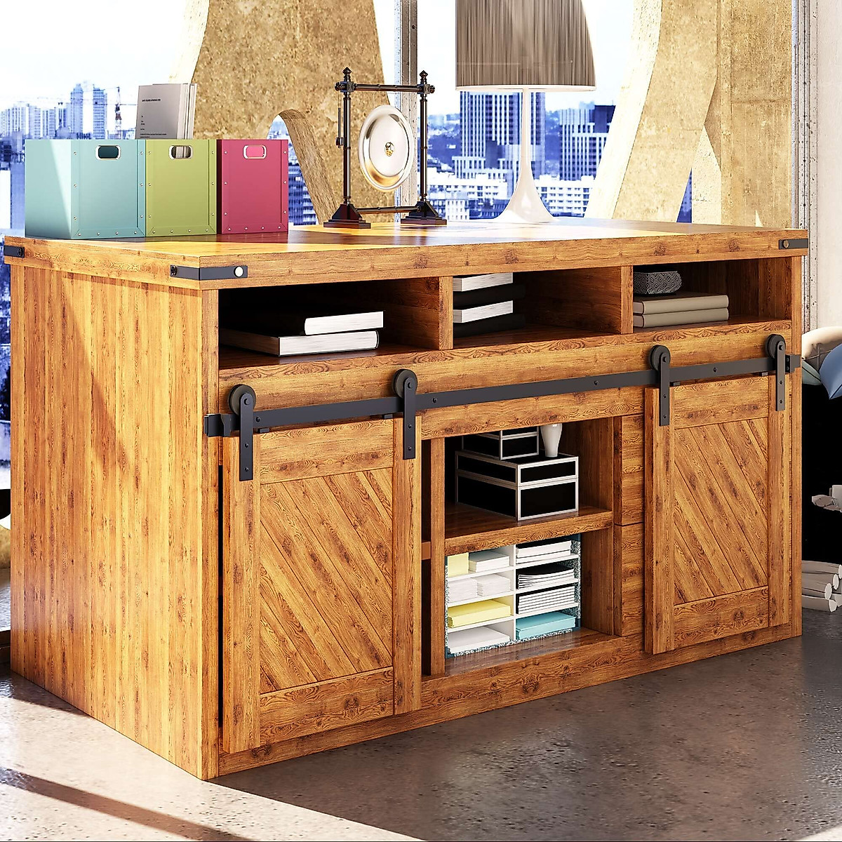 Homacer Mini Black Rustic Non-Bypass Sliding Barn Door Hardware Kit, for Two/Double Doors, 54-inch Long Flat Track, Straight Design Roller, Cabinet TV Stand Console Use…