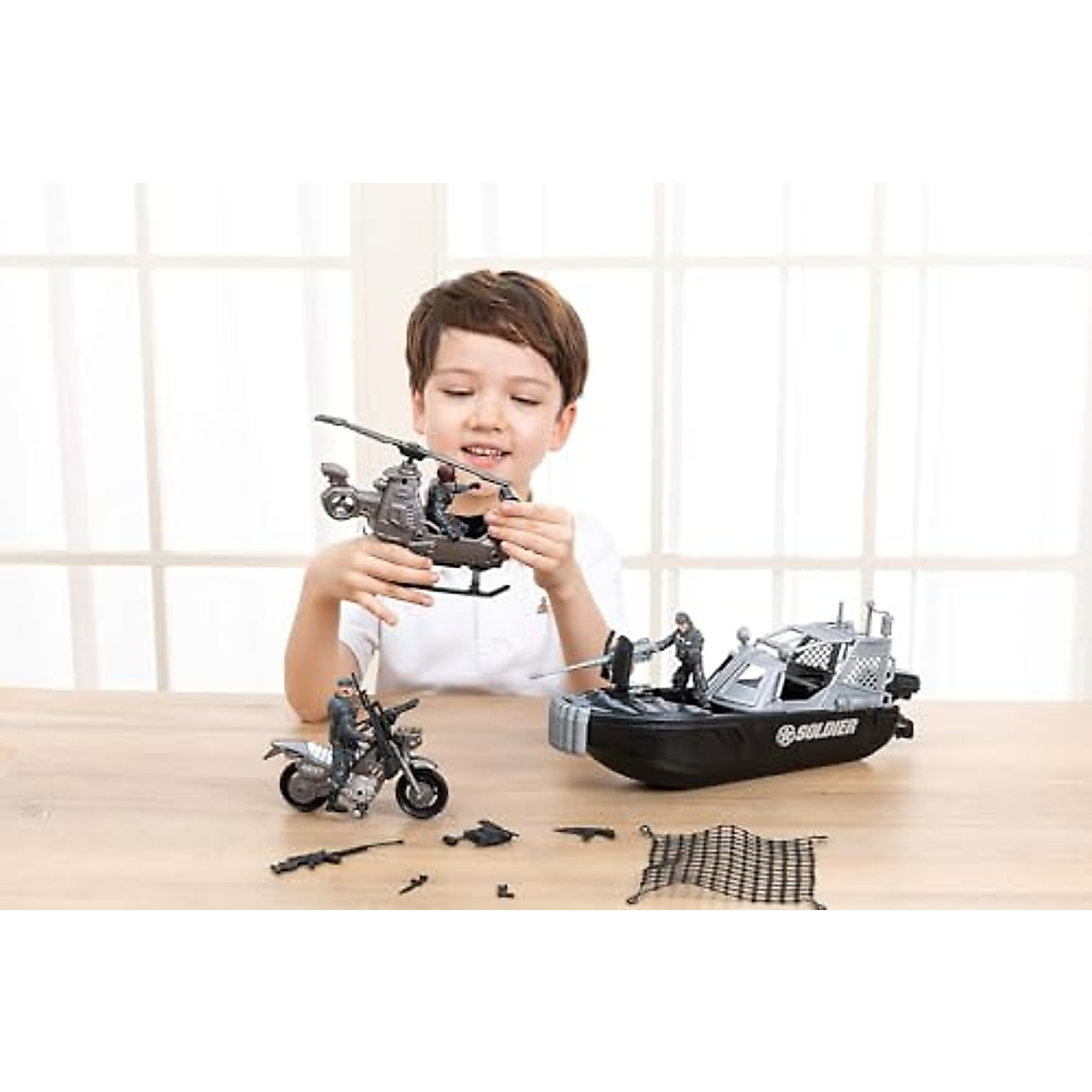 JOYIN 9 Pcs Combat Boat and Military Vehicle Toys Set with Realistic Military Combat Boat, Mini Helicopter, Motorcycle, Army Men Toy Soldiers Action Figures and Other Equipment Accessories