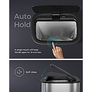 SONGMICS Motion Sensor Trash Can, 13 Gallon Automatic Garbage Can with Soft-Close Lid and Bag Retainer Ring, Stainless Steel, Touchless Kitchen Trash Bin, 15 Trash Bags Included, Silver ULTB610E50