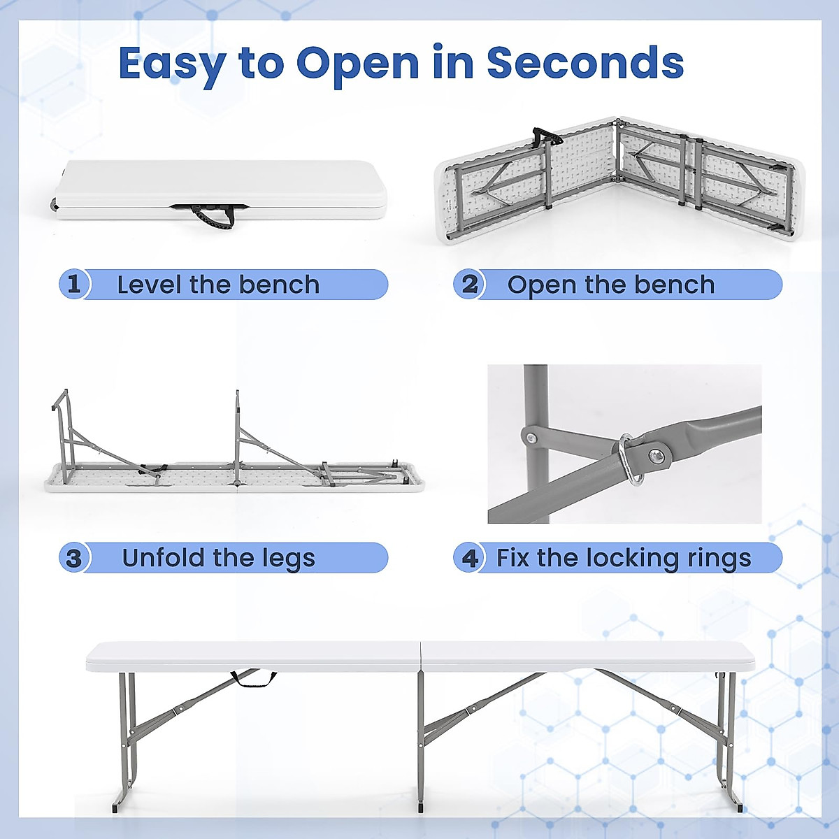 Tangkula 6 FT Plastic Folding Bench, Foldable Bench Seat with Carry Handle, Non-Slip Mat, Indoor & Outdoor HDPE Portable Outdoor Bench for Soccer Sports Picnic Camping, White