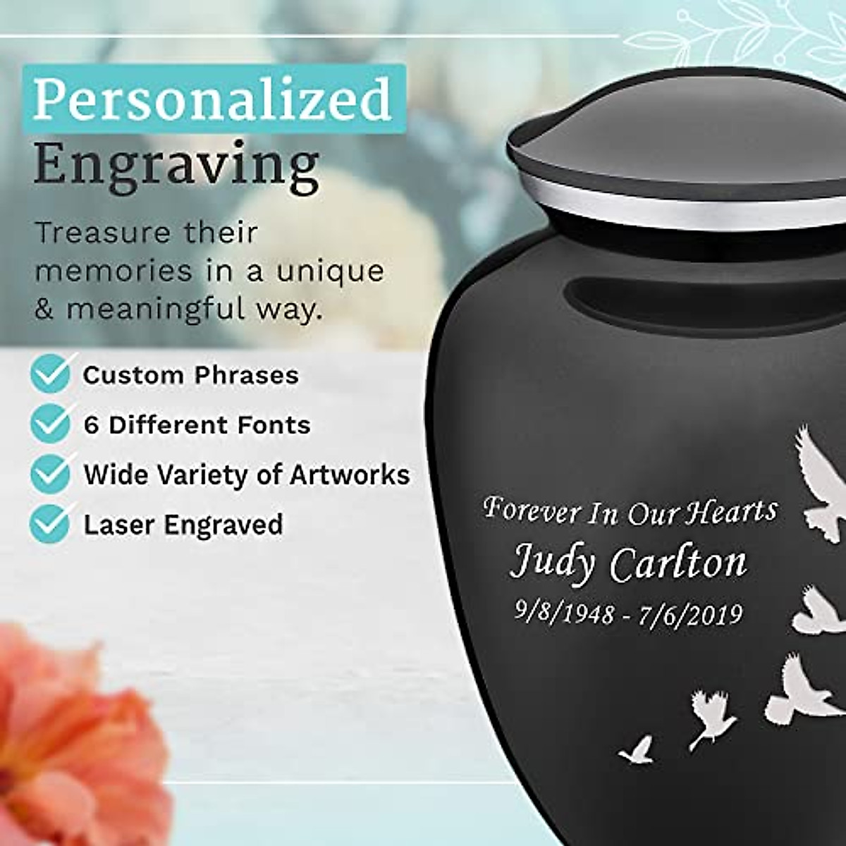 GetUrns - Embrace Doves Urns for Human Ashes, Cremation Urns for Adult Ashes Men & Women, Cremation Urn for Home, Vault, or Niche, 200 cu. in., Custom Single Engraving, Charcoal