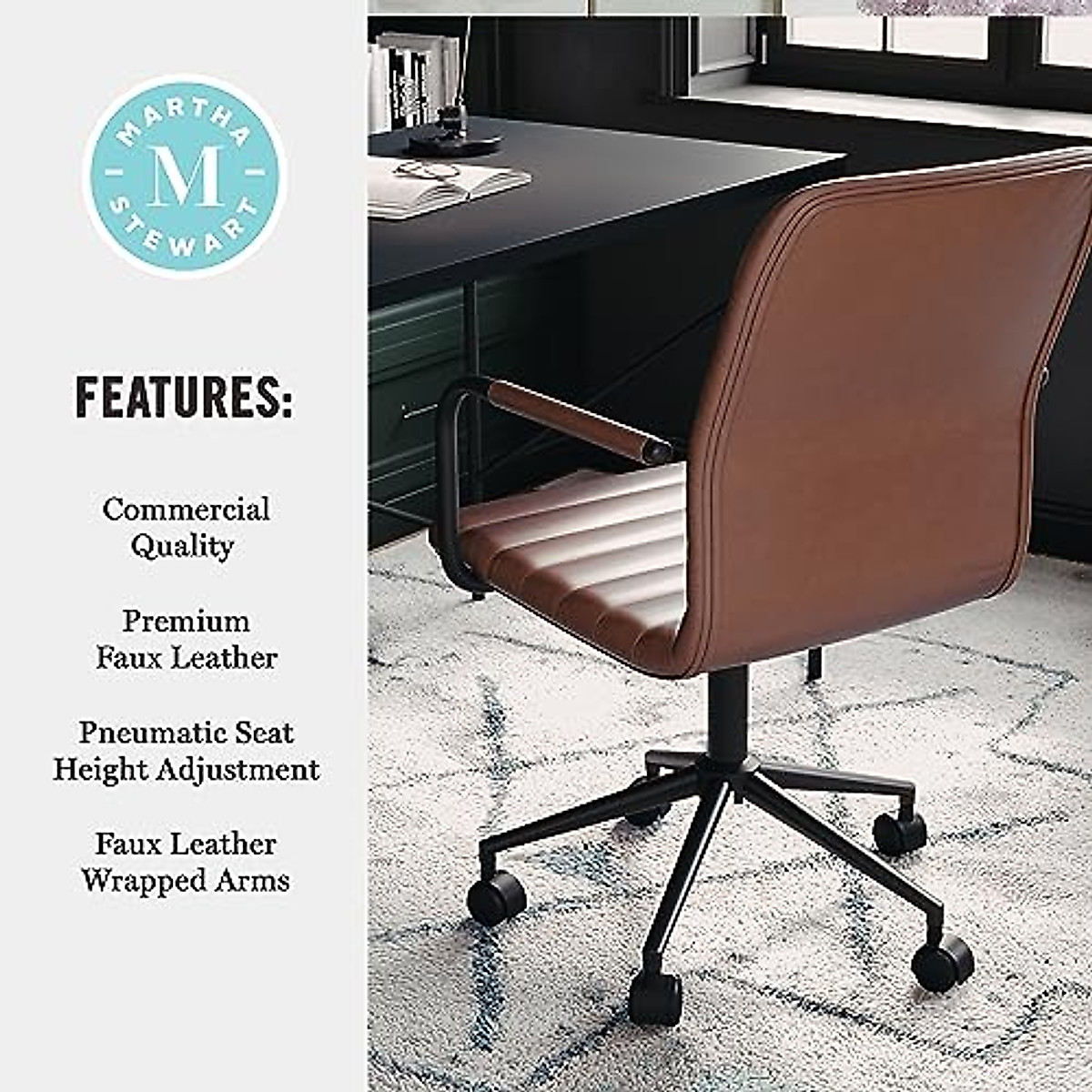 Martha Stewart Taytum Swivel Task Chair with Armrests for Home Office in Saddle Brown Faux Leather with Oil Rubbed Bronze Frame