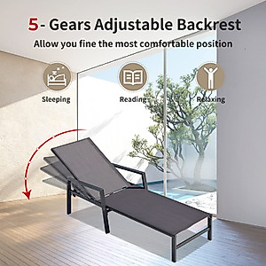 SUMETURE Aluminum Chaise Lounge Chairs Set of 2,5 Adjustable Outdoor Lounge Chaise Chairs,Patio Chaise Lounge with Armrests, Outdoor Patio Lounge Chair for Beach Poolside,Balcony,Lawn,Yard(Grey)