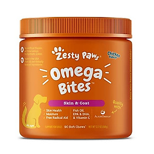 Zesty Paws Omega 3 Alaskan Fish Oil Chew Treats for Dogs - with AlaskOmega for EPA & DHA Fatty Acids - Hip & Joint Support + Skin & Coat Chicken Flavor (90 Soft Chews)