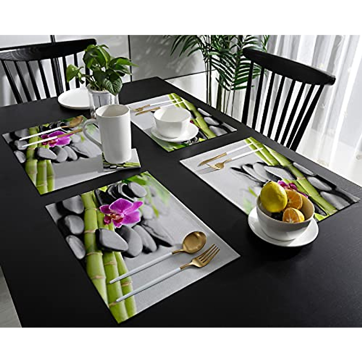 Placemats for Dining Table Set of 6, Zen Basalt Stone Orchid Flower and Cotton Linen Cloth for Square/Rectangle/Round Table Mat Placemat Kitchen Dinner Holiday Dﾃｩcor