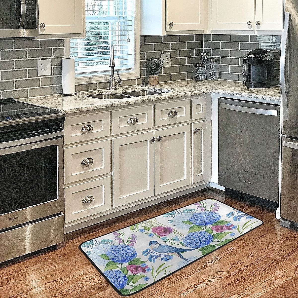 Bird with Blue Hydrangea Kitchen Rug 39 X 20 inch Non Skid Washable Throw Rugs for Kitchen Floor Sink Entryway Rugs Runner
