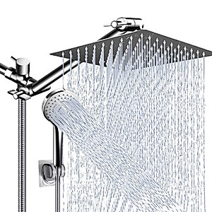 Shower Head Combo,10 Inch High Pressure Rain Shower Head with 11 Inch Adjustable Extension Arm and 5 Settings Handheld ,Powerful Shower Spray Against Low Pressure Water with Long Hose