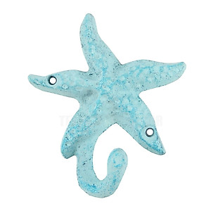 Cast Iron Starfish Bathroom Door Towel Hanger Nautical Key Towel Coat Hook Blue 3 1/2 inches wide Handmade Wall Artisan Art Vintage Decor For Home