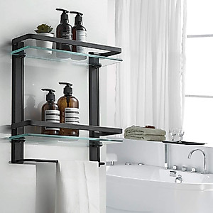 BESy Heavy Duty Lavatory Glass Bathroom Shelf, 2 Tier Tempered Glass Shower Shelves with Towel Bar Wall Mounted, Shower Storage 15 by 5 inches, Matte Black Finish/Aluminum
