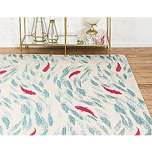 Unique Loom Positano Collection Coastal Modern Bright Colors Fish Beige Area Rug (5' x 8')