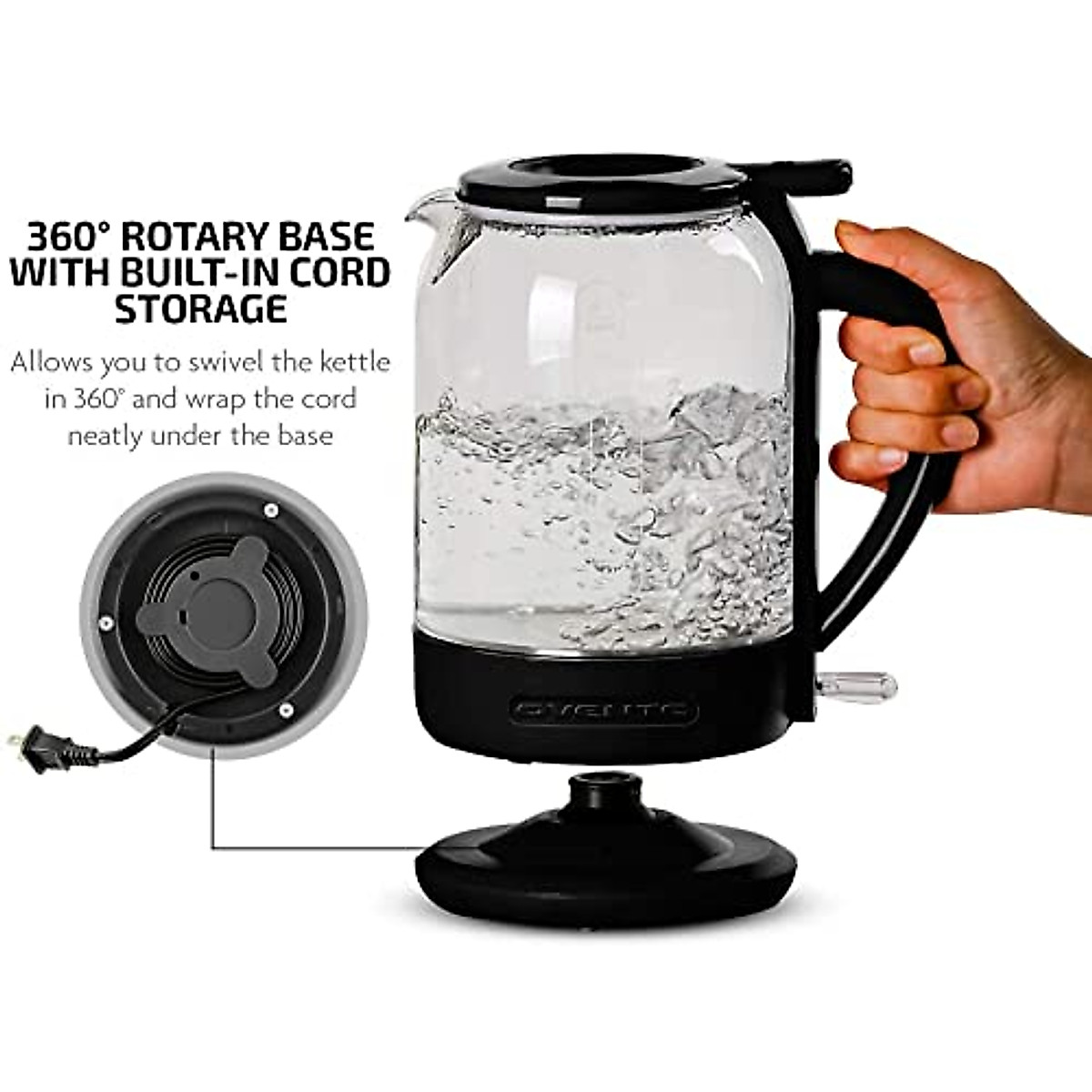 Ovente Electric Glass Kettle 1.5 Liter 1500W Power Portable Instant Hot Water Boiler Heater with ProntoFill Tech & Automatic Shut Off, Fast Boiling Cordless Body for Coffee Milk Tea, Black KG516B