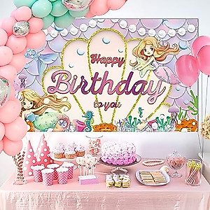 Mermaid Theme Happy Birthday Decorations Backdrop, Mermaid Birthday Backdrop Sign, Happy Birthday Banner, Photo Background for Girls, Birthday Party Supplies 70.8 x 43.3 inches