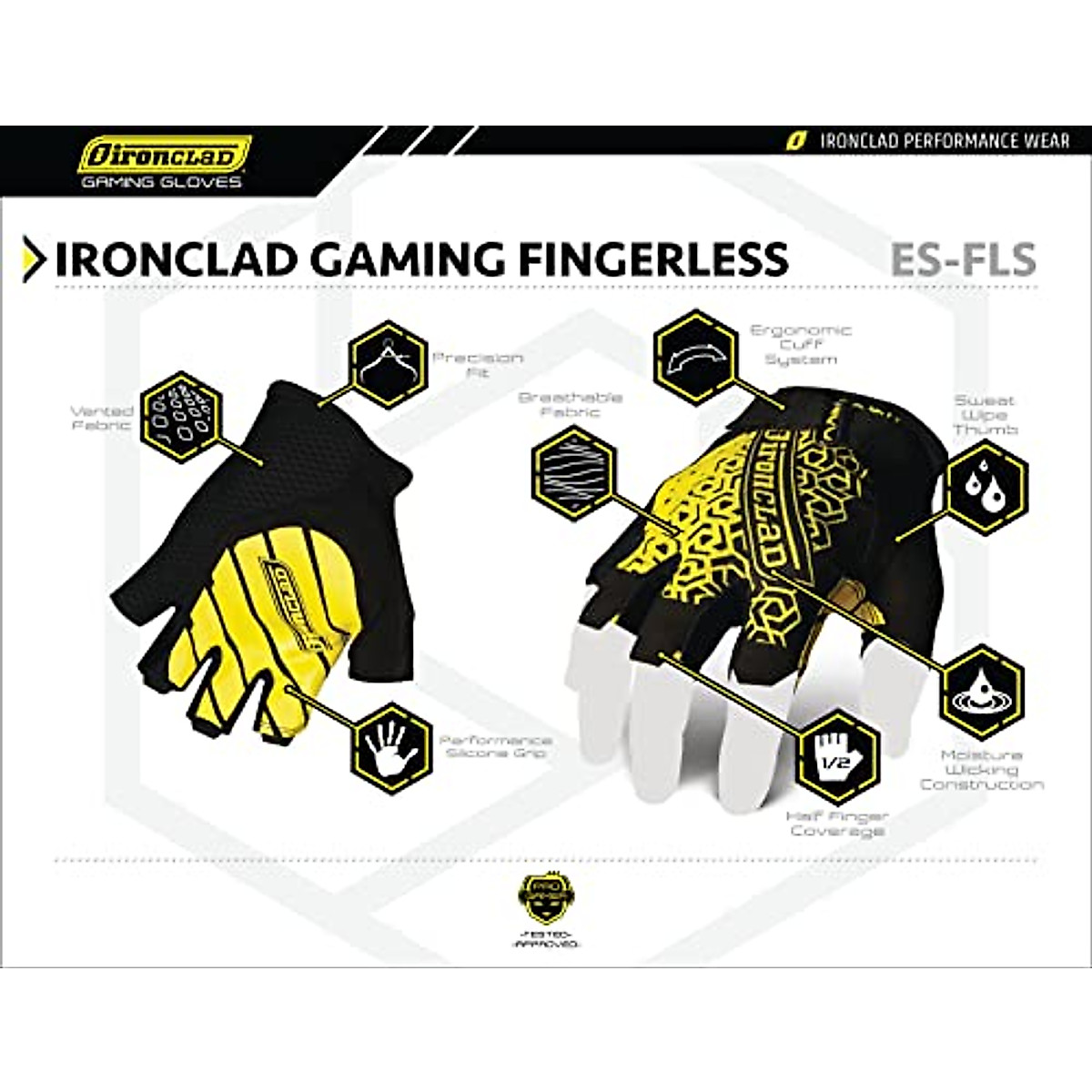 Ironclad Gaming Gloves, Half Finger Coverage, Precision Fit, Performance Silicone Grip, Moisture Wicking Construction, Yellow and Black, Small, 1 Pair