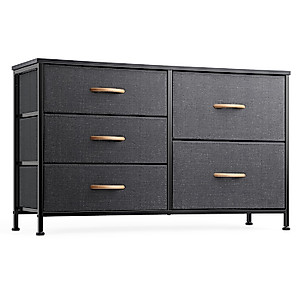Nicehill Dresser for Bedroom with 5 Drawers, Storage Drawer Organizer, Wide Chest of Drawers for Closet, Clothes, Kids, Baby, TV Stand with Storage Drawers, Wood Board, Fabric Drawers(Black Grey)