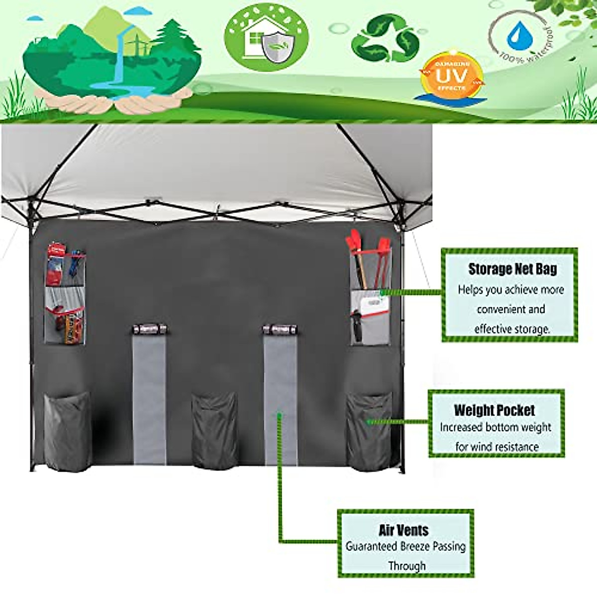 Sssideas Sunshade Sidewall, 10' x 10' with Organizer Pockets，600D Polyester 100% Waterproof for Straight-Leg Canopy（Black）