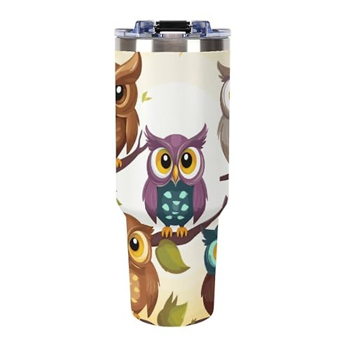 LLUTSNTH 40 Oz Vacuum Tumbler with Deep Blue Handle Leakproof Insulated Tumbler Owls Birds Stainless Steel Travel Mug with Lid And Straw Coffee Cup Cute Water Bottles Cup Holder Friendly