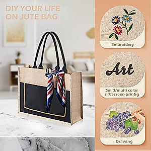 8 Pcs Burlap Tote Bags with Handles Bulk Jute Tote Bags with Canvas Front Pocket Large Burlap Bags Beach Bag Set Reusable Grocery Bags Bridesmaid Tote Bags for Women Wedding Picnic Travel Work