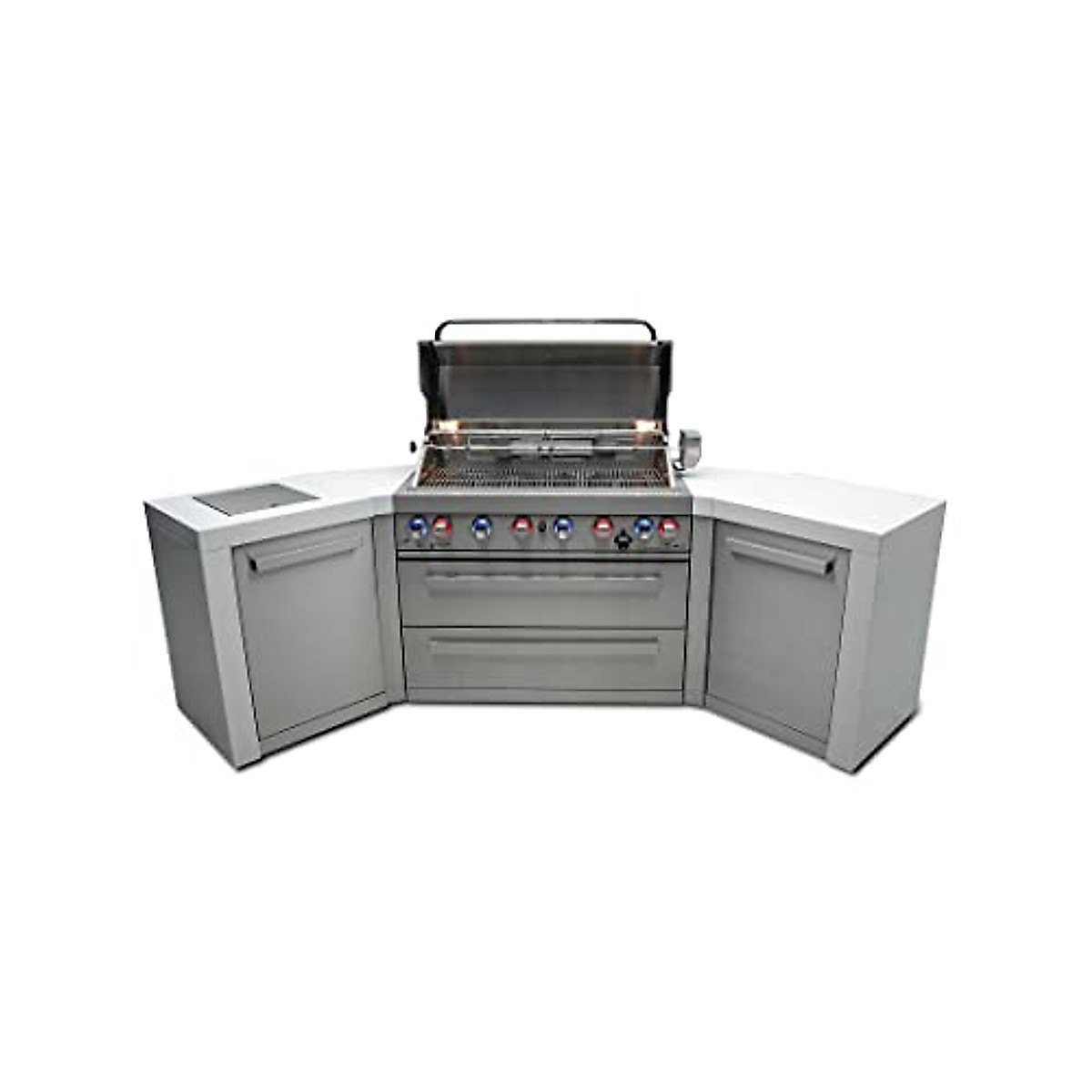 Mont Alpi 44-Inch MAi805-D45 Deluxe 45 Degree 6-Burner 115000 BTU Deluxe Stainless Steel Island Outdoor Kitchen Gas Barbecue Grill w/Granite Countertops & Sides + Storage Drawers & Cabinets