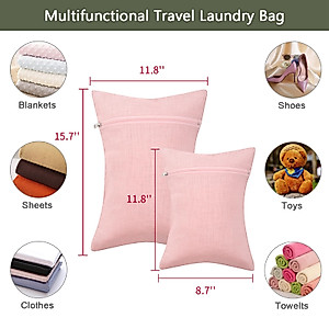 HSOFTIFY 2 Pcs 100% Linen Travel Laundry Bags for Dirty Clothes 8.7 * 11.8inches and 11.8 * 15.7inches Wash Bag for Traveling Wet Dry Bag Kids Underwear Suitcase Luggage Compression Necessities,Pink