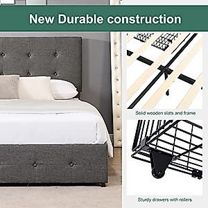 RHIZOME Queen Upholstered Platform Bed Frame with 4 Drawers Storage and Headboard Footboard, Mattress Foundation with Wooden Slats Support and No Box Spring Needed, Grey