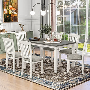 Merax 7-Piece Dining Table Set with 6 Upholstered Chairs, Neoclassical Style Wood Kitchen Dining Table with Shaped Legs, Kitchen Furniture Set for Family (Grey+White)