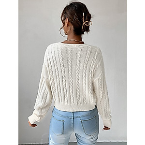 Verdusa Women's Drop Shoulder V Neck Sweater Jumper Long Sleeve Knit Pullover White S