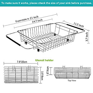 iPEGTOP Expandable Dish Drying Rack with Rustproof Stainless Steel Utensil Cutlery Holder, Over Sink Dish Rack Basket Shelf, Dish Drainer in Sink or On Counter