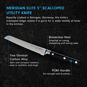 Messermeister Meridian Elite 5” Scalloped Utility Knife - Fine German Steel Alloy Blade - Rust Resistant & Easy to Maintain