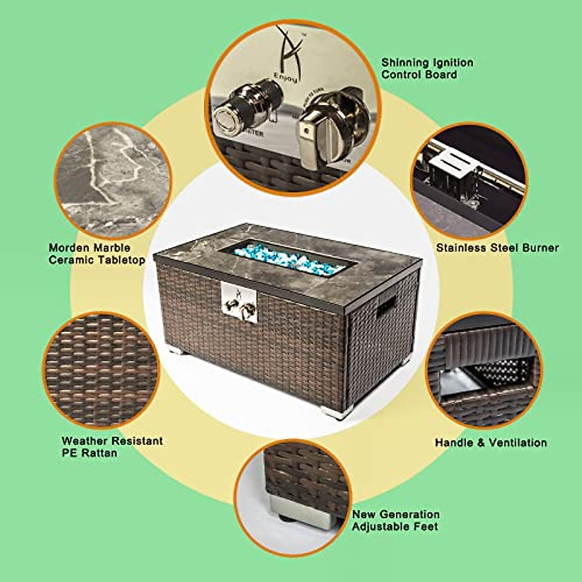 AJ Enjoy 32in Gas Fire Pit Table Set, 50,000 BTU Propane Fire Pit Table Outdoor with Rain Cover, Hideaway Tank Holder Fits 20lb Tank, Gas Fire Pit for Outside w/Ceramic Tabletop and lid, Glass Rocks