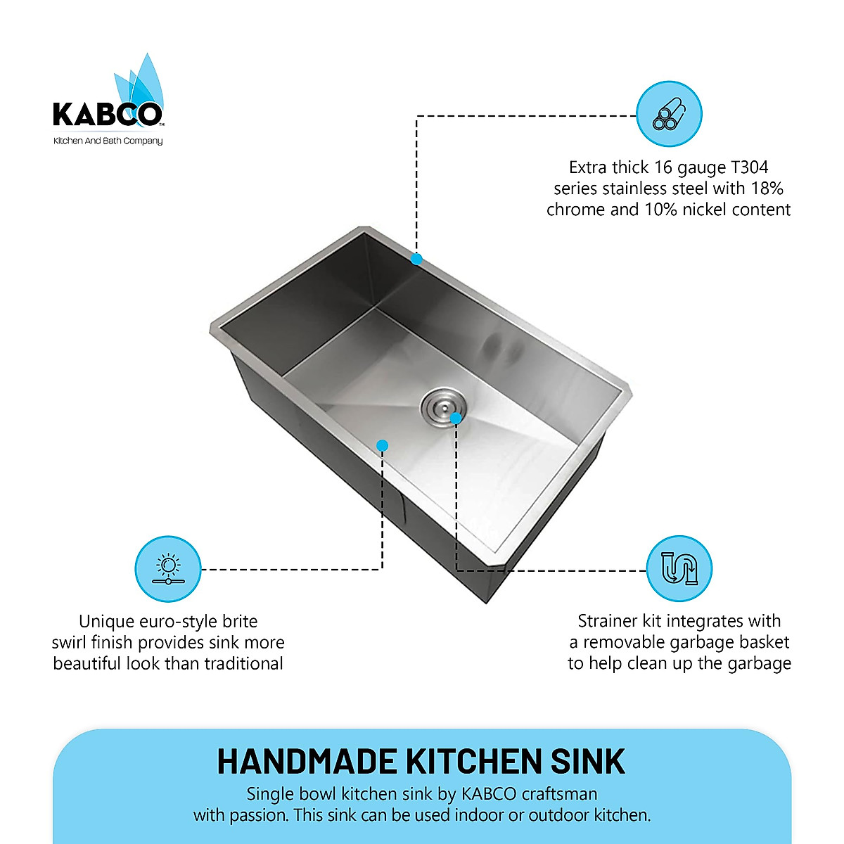 KABCO 28 Inch Single Bowl Stainless Steel Handmade Kitchen Sink with Sink Strainer, Sink Grid, a Rolling Up Grid, and Bamboo Cutting Board, Rust Resistant Sound, and Heatproof 16 Gauge Undermount Sink