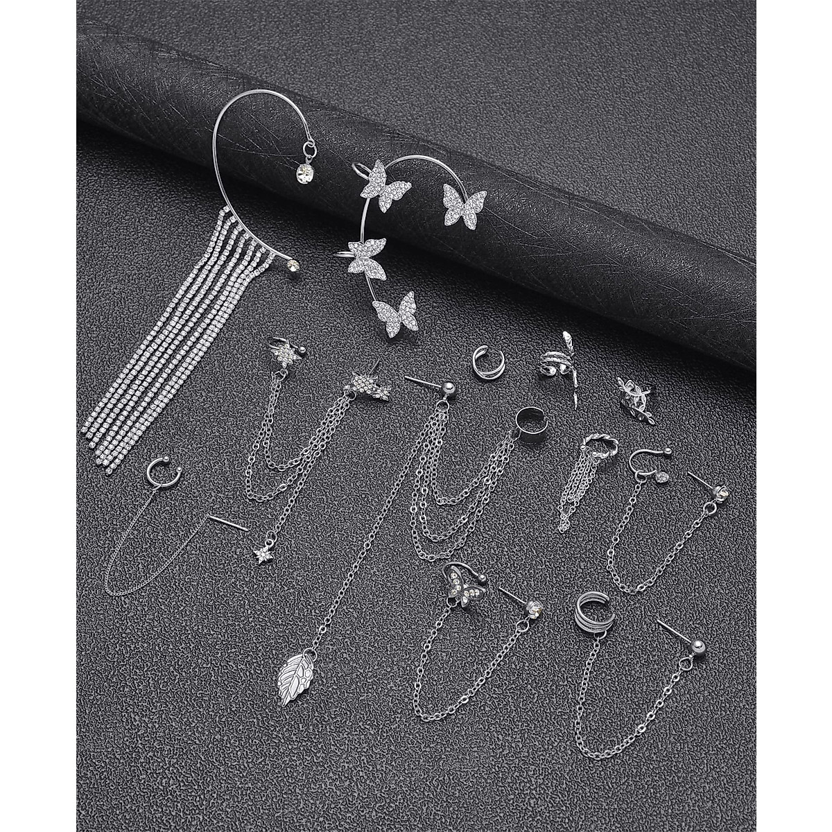Tornito 17Pcs Ear Cuffs Chain Earrings Snake Butterfly Leaf Non Piercing Clip on Earring Fake Helix Cartilage Earrings Ear Clip Jewelry Silver Tone