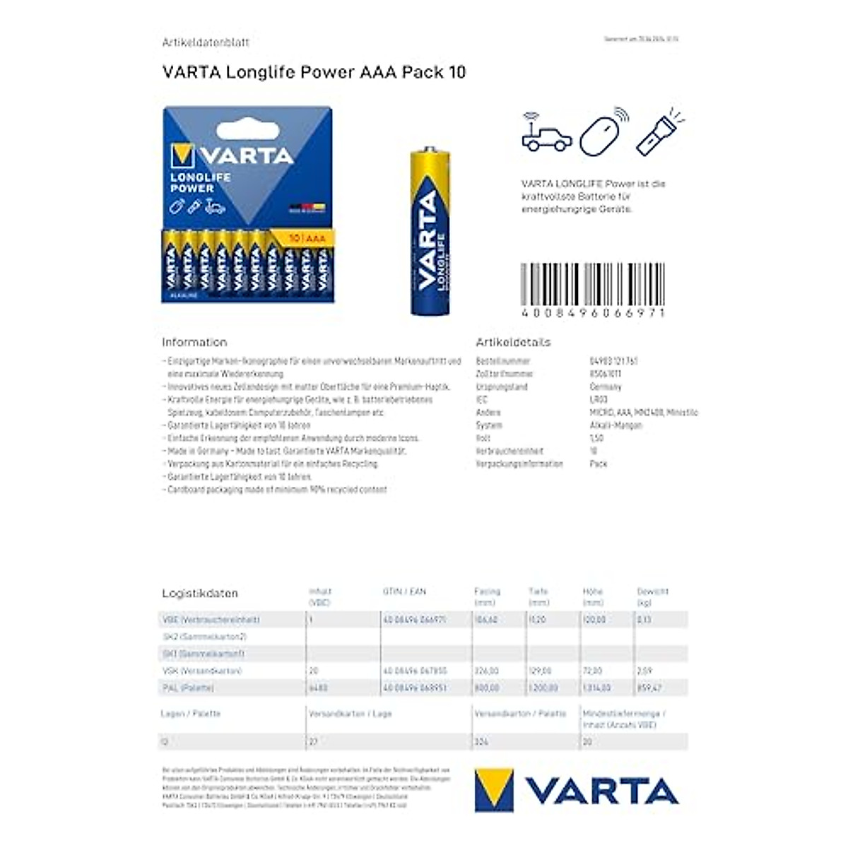 VARTA Longlife Power AAA Micro LR03 Alkaline Battery (10-Pack) - Made in Germany - Ideal for Toys, Torches, Controllers and Other Battery-Powered Devices