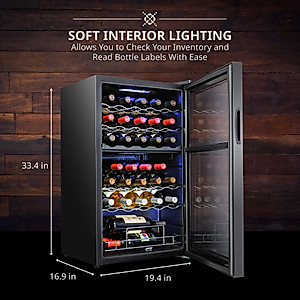 Ivation 33 Bottle Dual Zone Wine Cooler Refrigerator | Large Freestanding Wine Cellar For Red, White, Champagne & Sparkling Wine | 41f - 64f Touch Digital Temperature Control Fridge Glass Door Black