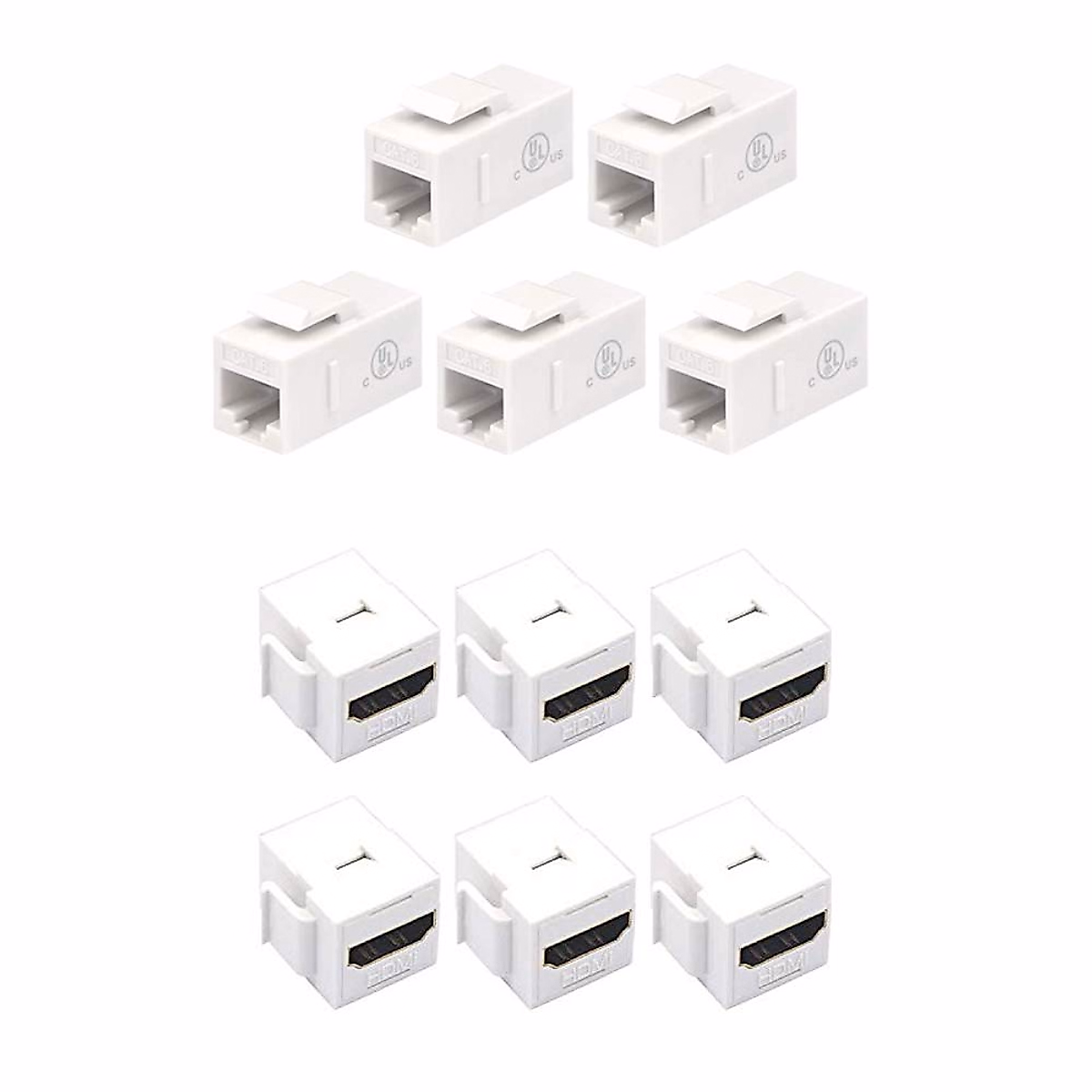 VCE 5-Pack CAT6 RJ45 Keystone Jack Inline Coupler Bundle with 6-Pack HDMI Female Keystone Coupler