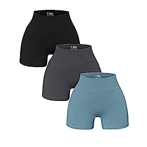 OQQ Women's 3 Piece Yoga Ribbed Seamless Workout High Waist Athletic Legging Shorts, Black/Grey/Blue, Small