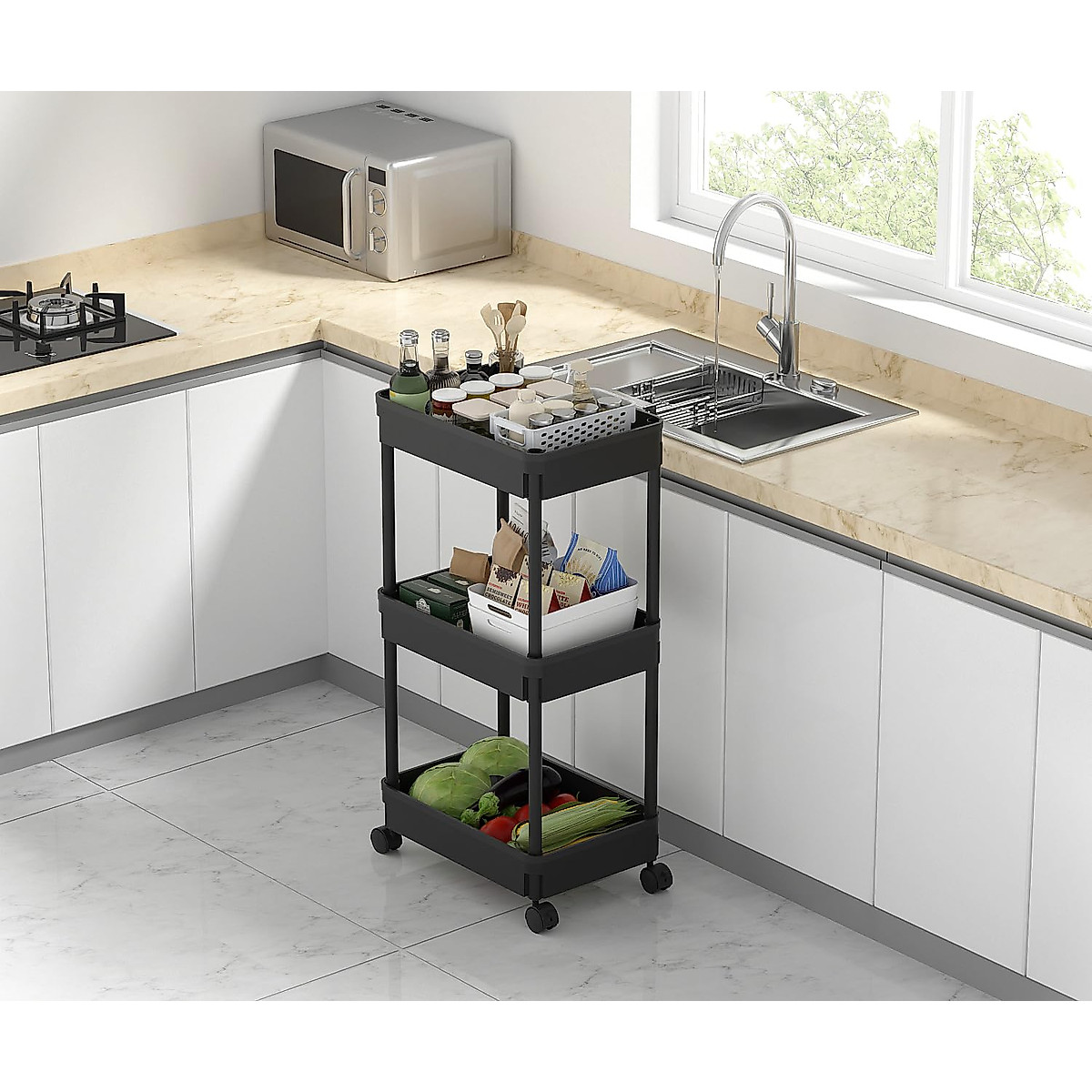 Sooyee 3-Tier Plastic Rolling Utility Cart with Wheels, Multi-Functional Storage Trolley for Office, Living Room, Kitchen, Movable Storage Organizer with Wheels, Black