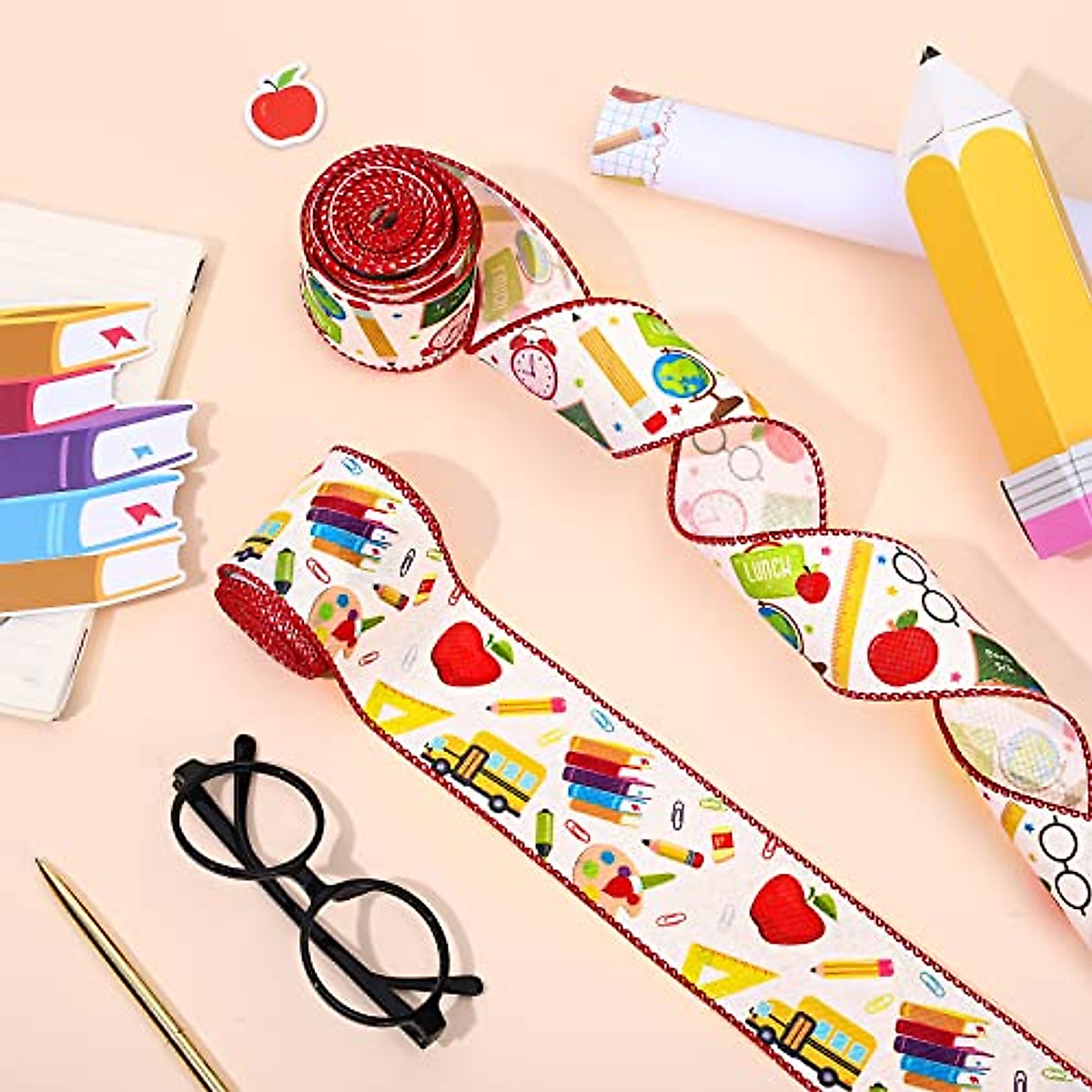 AnyDesign 20 Yards Back to School Wired Edge Ribbons School Themed Decorative Fabric Ribbon School Supplies Pattern Wrapping Ribbon for DIY Crafts Bow Wreath Sewing Gift Wrapping,2 Styles
