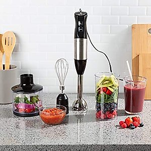 Classic Cuisine Immersion Blender-4-In-1 6 Speed Hand Mixer Set Whisk, Food Processor Cup, 32oz. Beaker, For Soup, Milkshakes, Salsa, Black