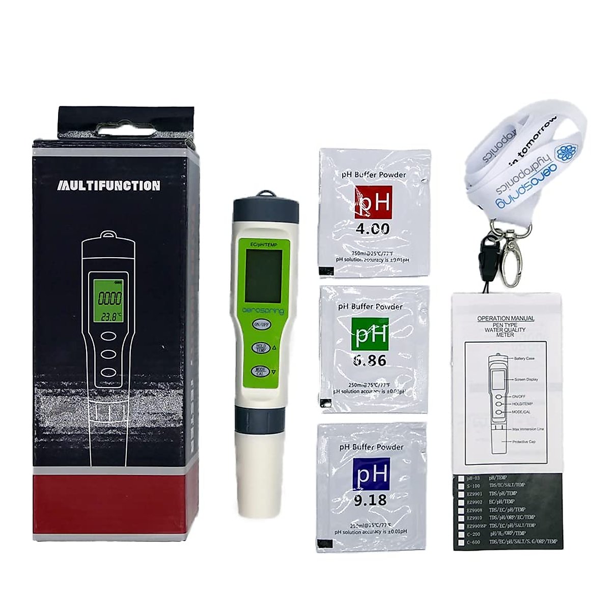 AEROSPRING 3-in-1 Waterproof Multifunction Digital Meter, Measures Electrical Conductivity (EC), pH and Temperature Functions Specially Designed for Hydroponic Systems
