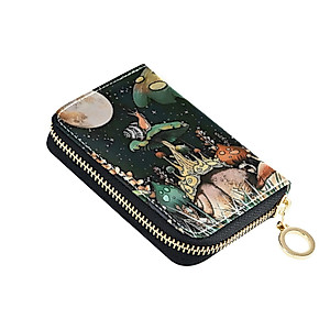 Sletend Vintage Snail Mushroom Starry Night RFID Credit Card Holder Leather With Zipper Card Case Wallet for Women Girls