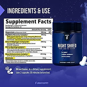 InnoSupps Night Shred | Night Time Fat Burner and Natural Sleep Support | Ashwaganda, 5-HTP, CLA, Melatonin | Appetite Suppressant | Weight Loss Support (60 Vegetarian Capsules)