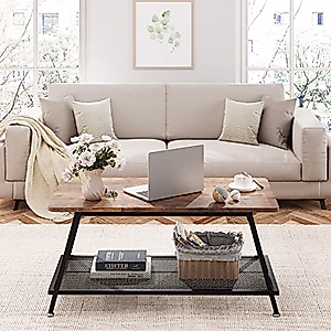 IDEALHOUSE Coffee Table Industrial Center Table 2-Tier Living Room with Mesh Shelf Rectangle Wood Cocktail Table Metal Frame, Easy to Assemble, Rustic Brown