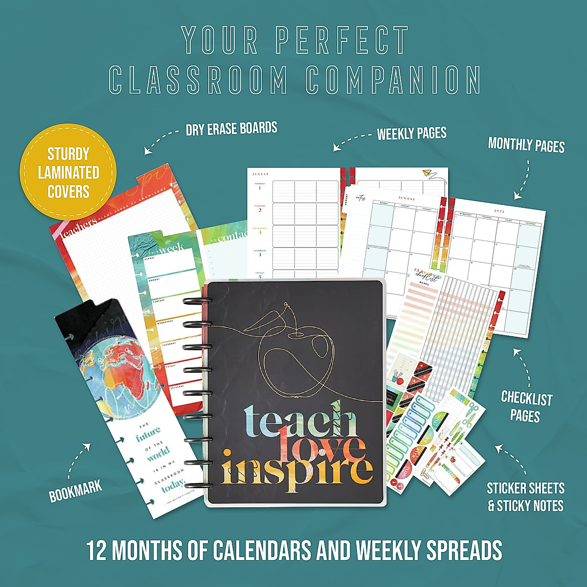 Happy Planner 12-Month Teacher Lesson-Planner Box Kit, Includes Dated Teacher Planner and More, July 2023–June 2024, Big Size, Teacher Notes Theme, 14 1/2 Inches by 10 1/4 Inches