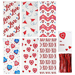 JOYIN 150 Pcs Valentine Gift Bags Long Cellophane Bags with Gift Cards and Twist Ties Valentine Goodies Bags for Valentines Day Party Favors Supplies