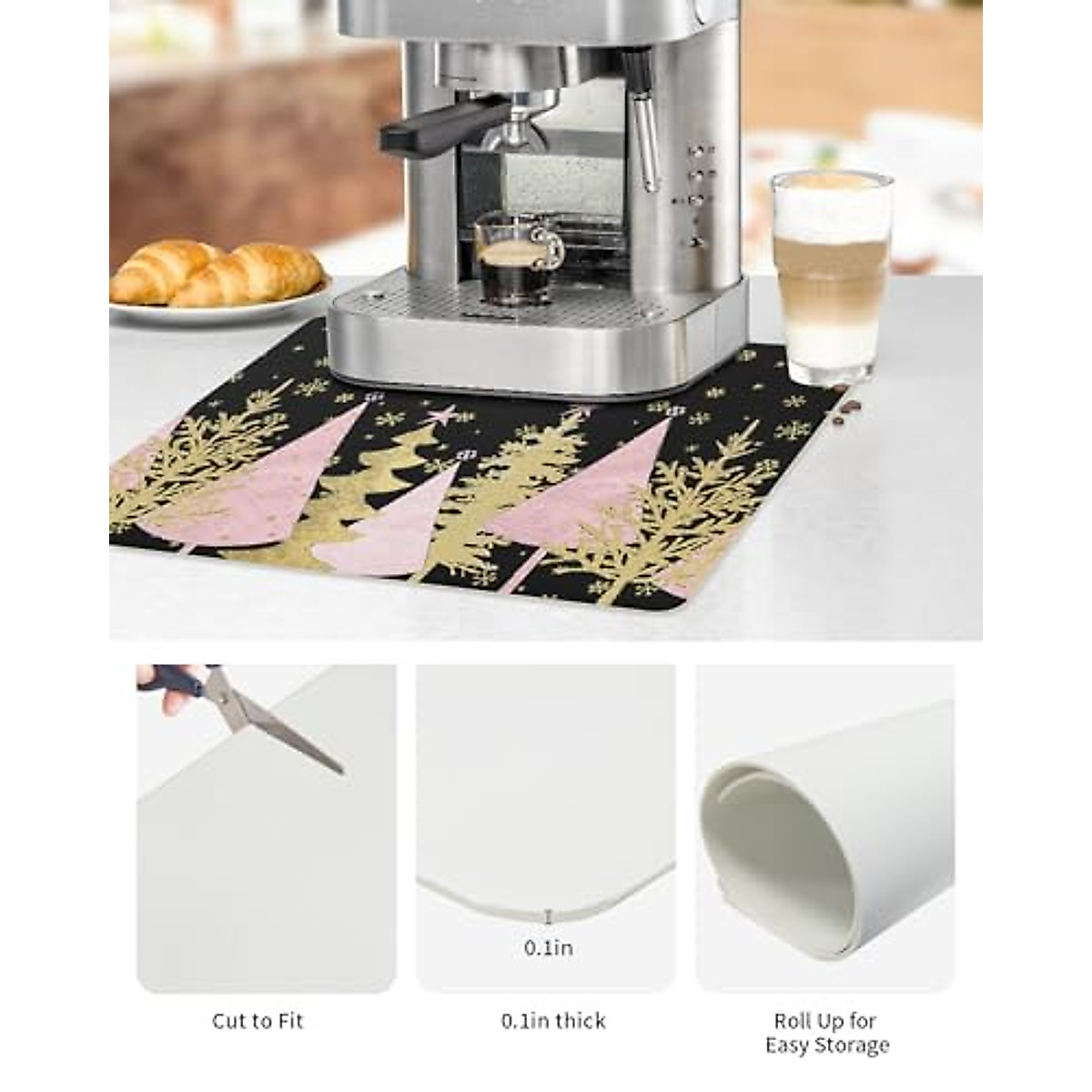 Coffee Mat for Counter, Pink Gold Christmas Tree Winter Snowflake Black Absorbent Hide Stain Coffee Bar Mat, Non-slip Coffee Bar Accessories Kitchen Drying Mat Fit Under Coffee Maker Espresso Machine