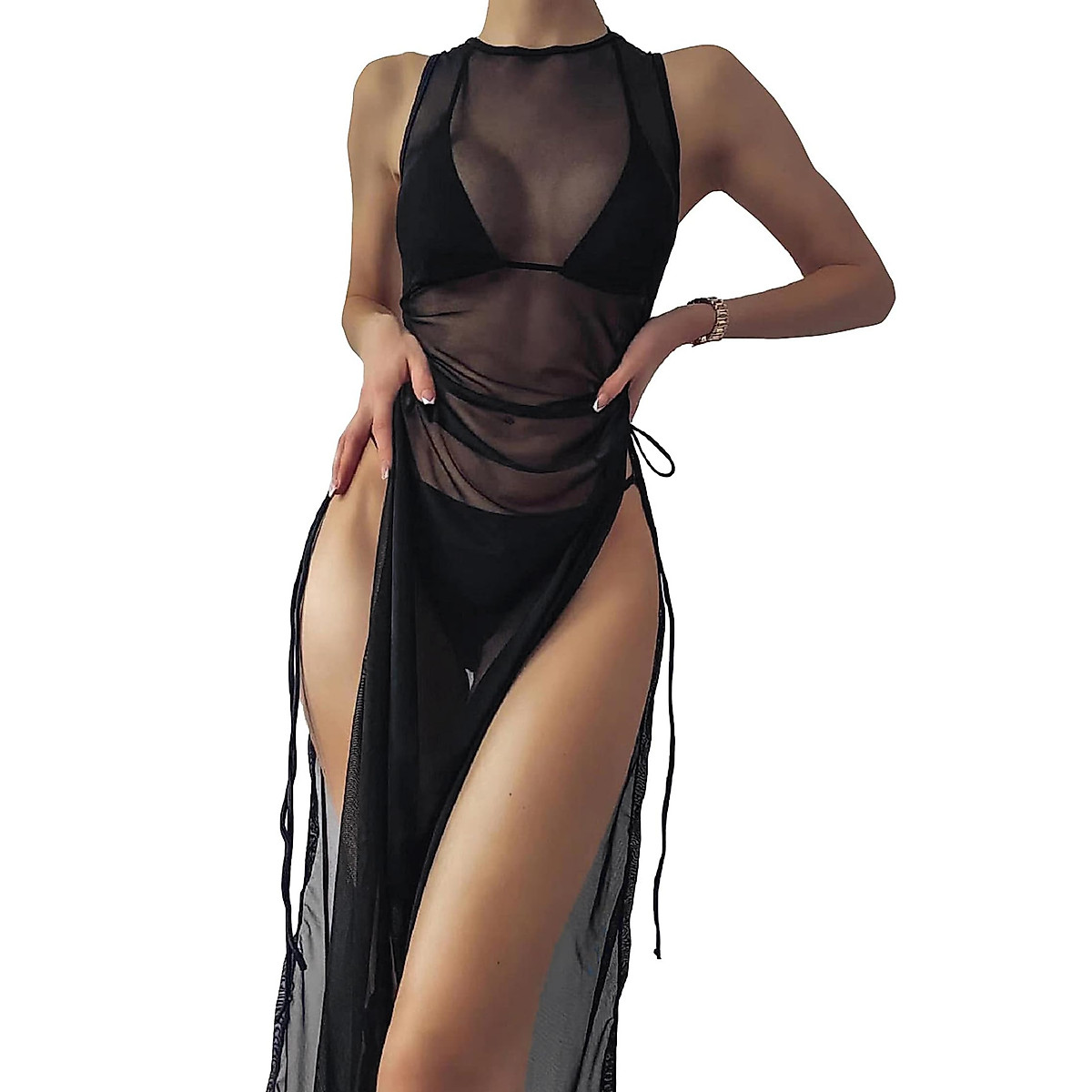Women's Swimsuit Cover Up Mesh Maxi Dress Sheer High Split Bathing Suit Bikini Swimwear Cover Up Dress with Drawstring Black S