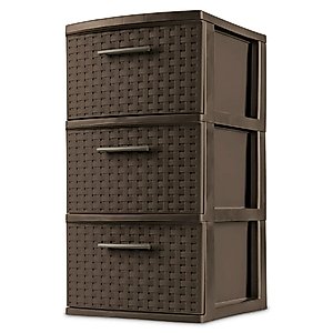 TQaSer 3-Drawer Wide Weave Design Storage Tower, Espresso Frame & Drawers With Driftwood Handles, Brown, Case of 1